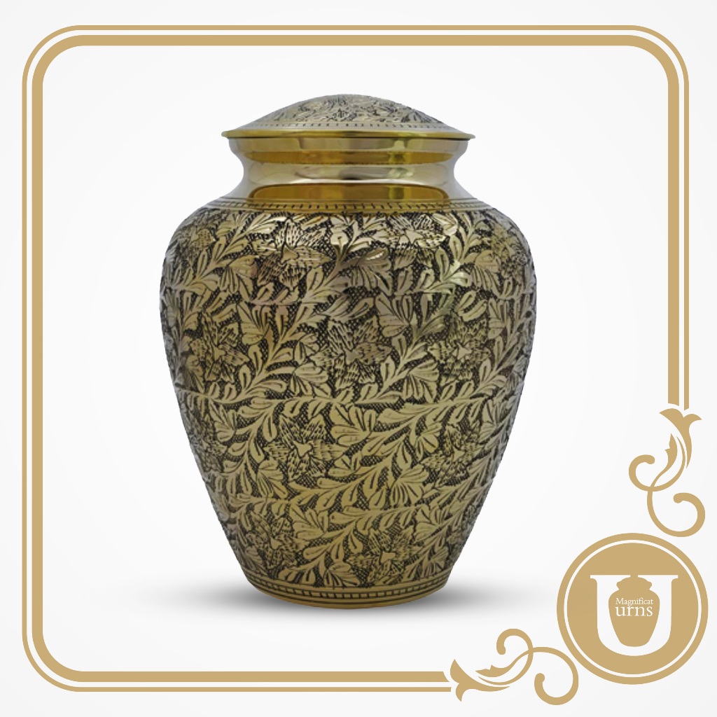 Brass Cremation Urn / Prosperity Leaf - Gold (9" x 6.5") FREE Velvet ...