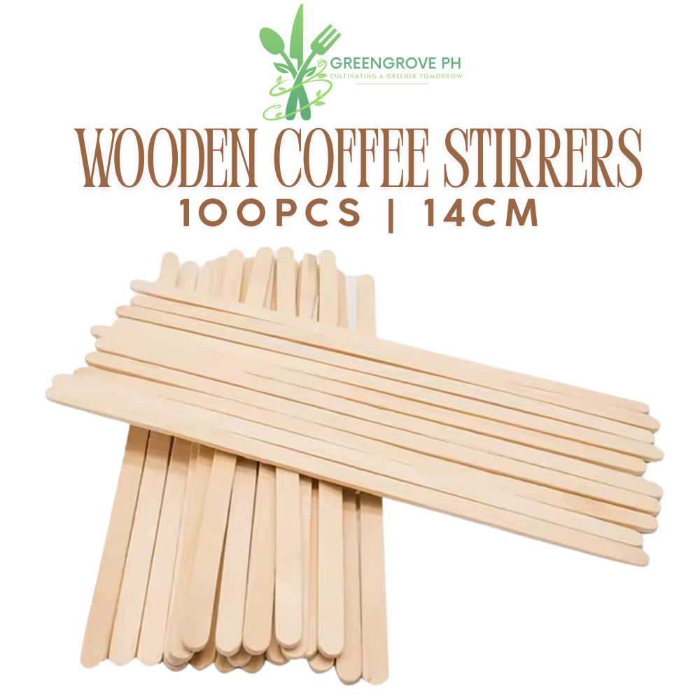 100 pcs Disposable Coffee Stirrer Natural Wooden Tea 14cm Green Grove ...