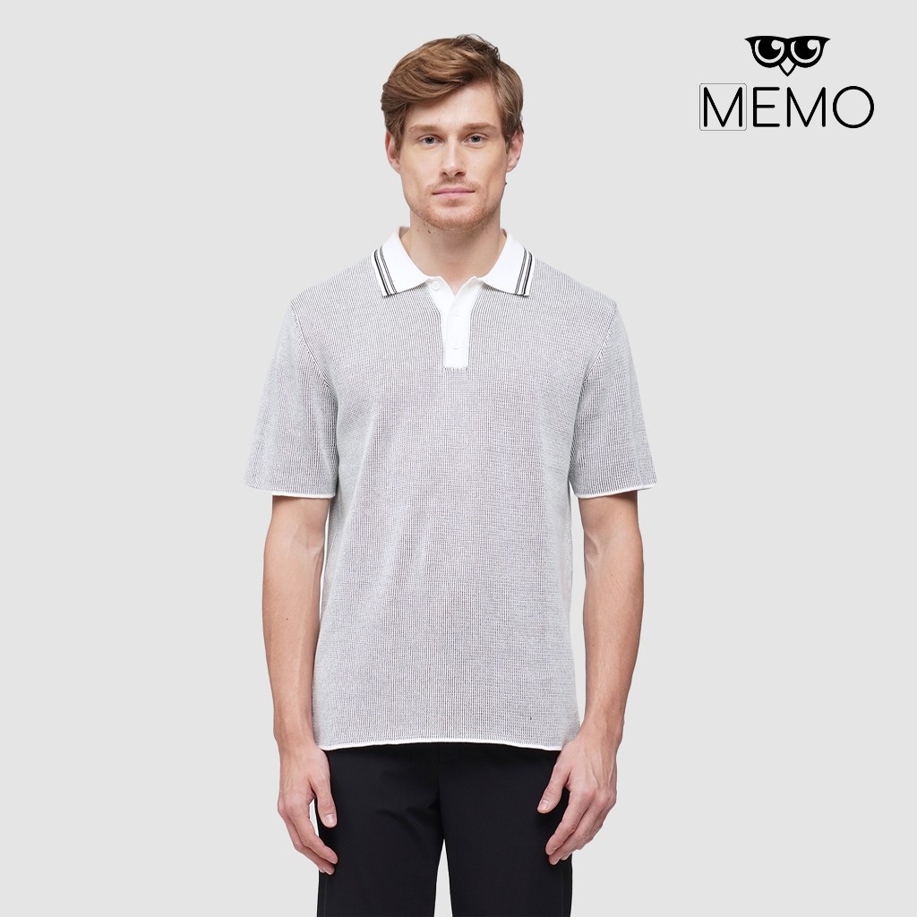 Memo Contrast Collar Textured Flat Knit Polo Shirt For Men (Black ...