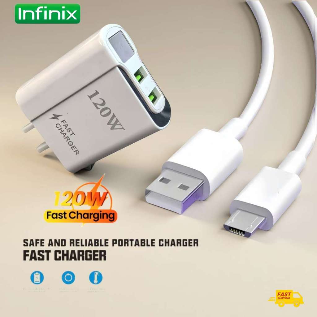 PG-T80 infinix 120W Fast Charger 2-Port With USB Data Cable For Android ...