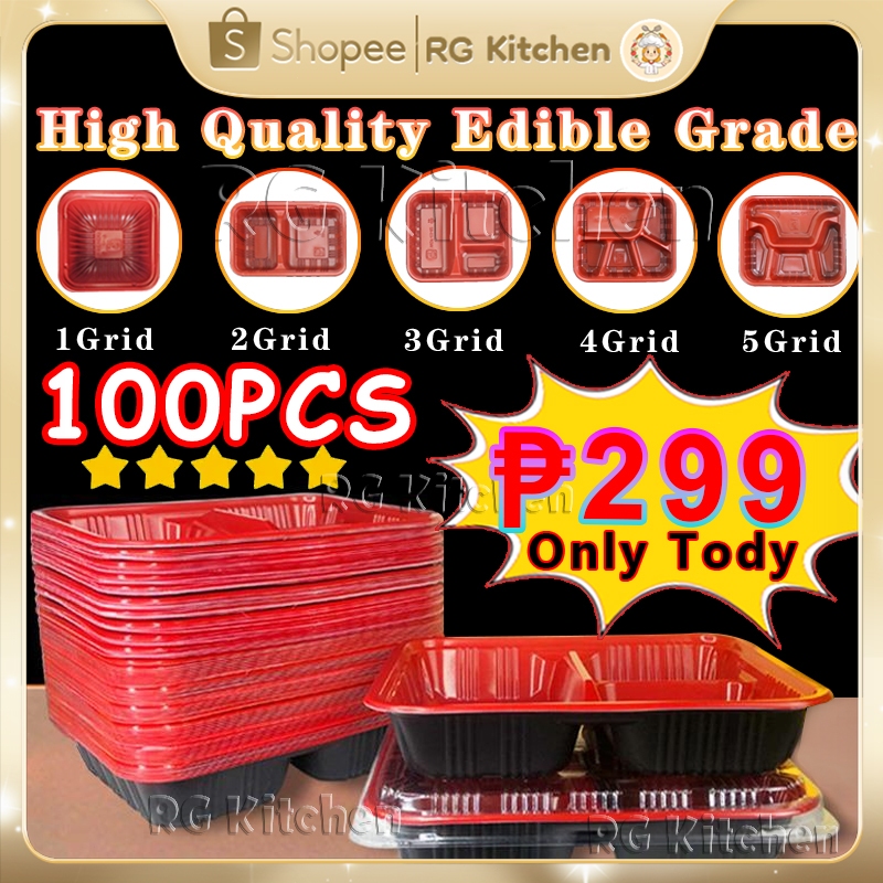 (100pcs) Thick food material red bento box 1/2/3/4/5 grid partition ...