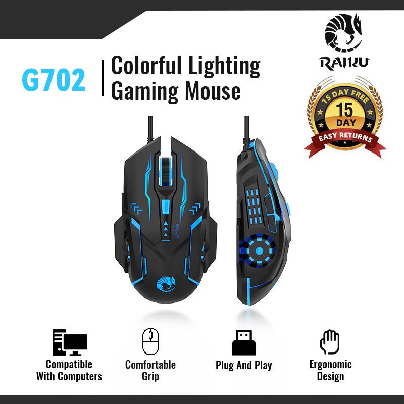 Raiku Thunder G702 Luminous LED Wired Gaming Mouse 4 DPI Speed 7 Color ...