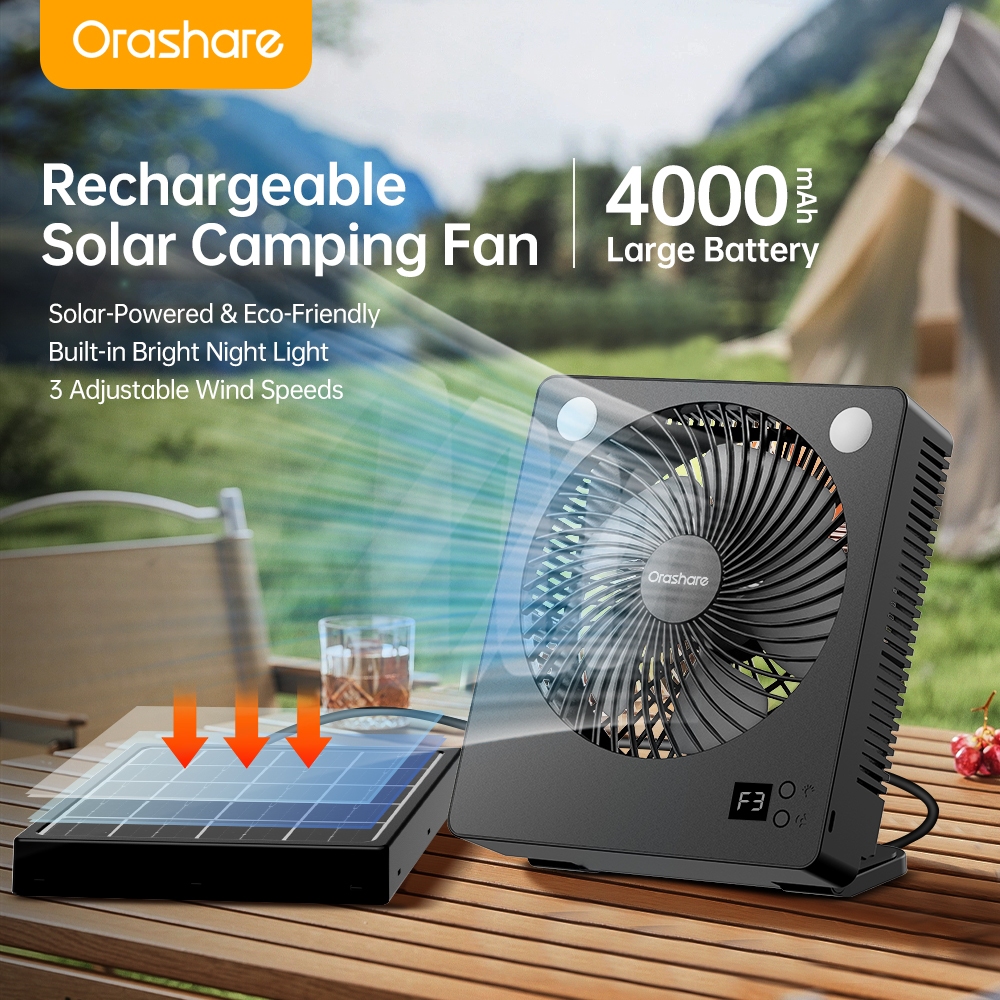 Orashare DF05 Portable Solar Fan with LED Light 4000mAh Rechargeable ...
