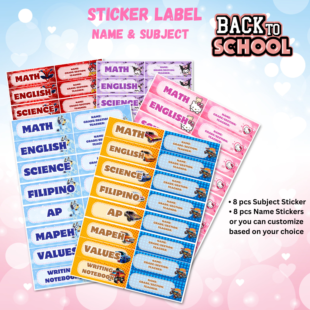 16 Pcs Custom Character Subject and Name Label Sticker (8 pcs Subject 8 ...