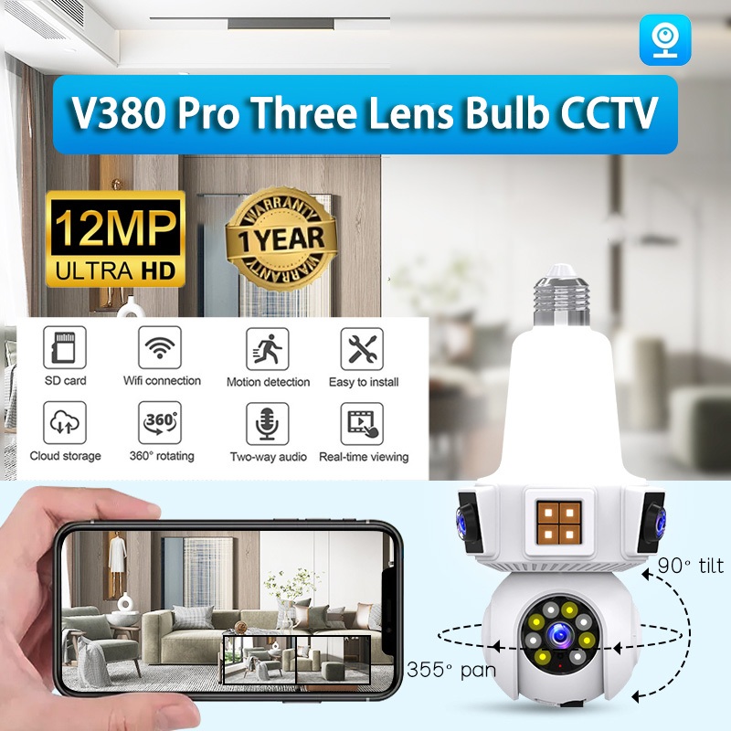 V380 Pro Three Lens Bulb CCTV Camera Auto Tracking Night Vision ...