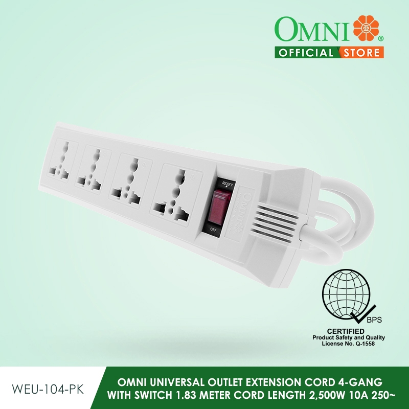 OMNI Universal Outlet Extension Cord 4-Gang with Switch 1.83 Meter Cord ...