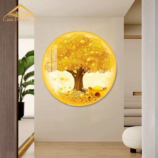 Pure Golden Round Money Tree Crystal Painting Round Decor Wall Decor ...