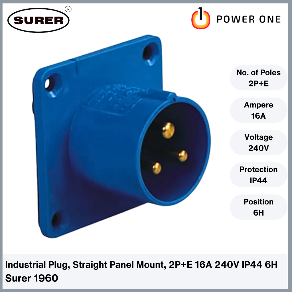 Surer 1960 Industrial Plug, Straight Panel Mount 2P+E, 16A 240V, IP44 ...