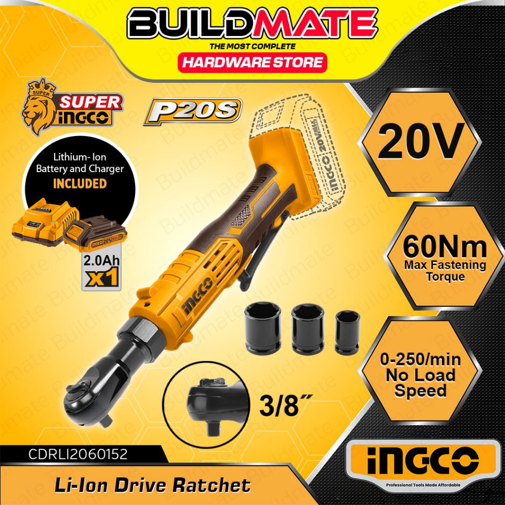 BUILDMATE Ingco 20V Lithium-Ion Cordless Drive Ratchet 65Nm High Torque ...