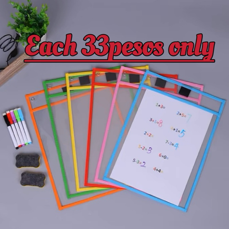 3PCS REUSABLE DRY ERASE POCKET SLEEVE WITH LOOP FOR WORKSHEET AND ...