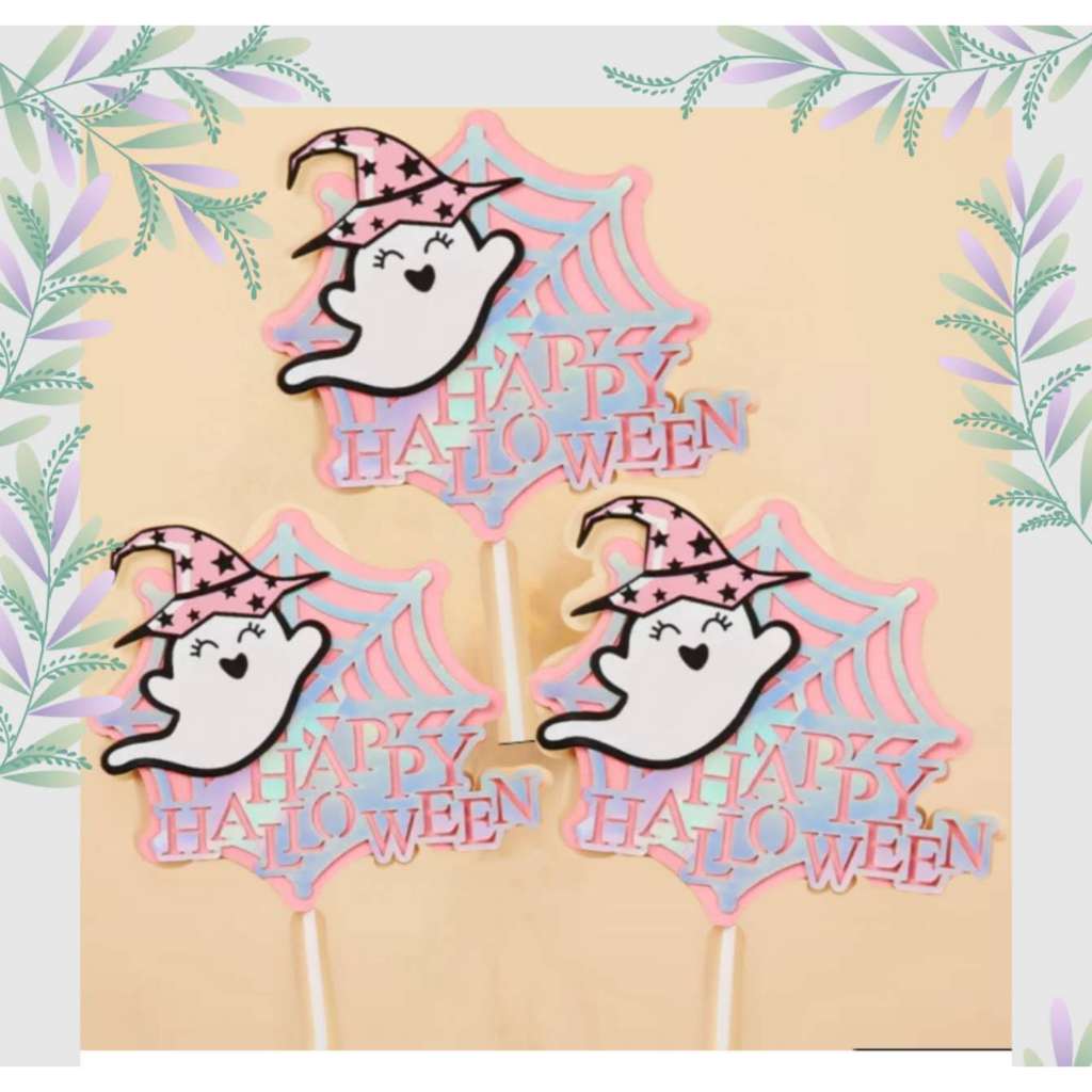 Laser pink Ghost Cake topper Halloween paper card baking props dessert ...