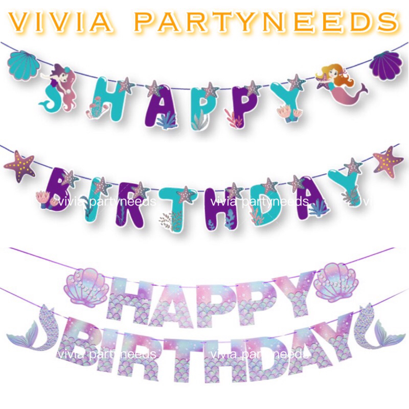 Mermaid Happy Birthday Banner Seashell Star Fish Purple Letter Flag ...
