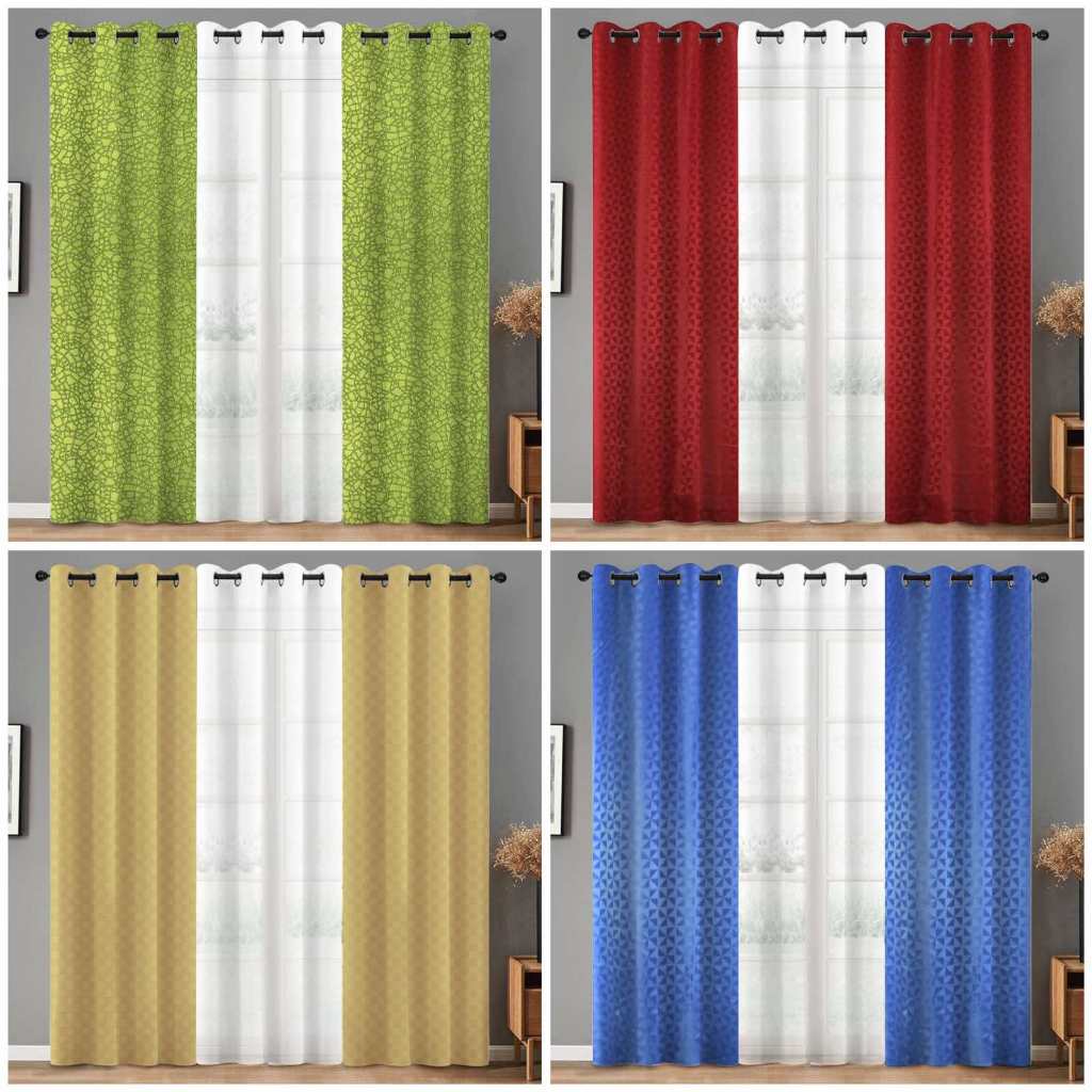 3in1 Curtain Set Solid Plain Design Thick curtain w/Ring with Sheer ...