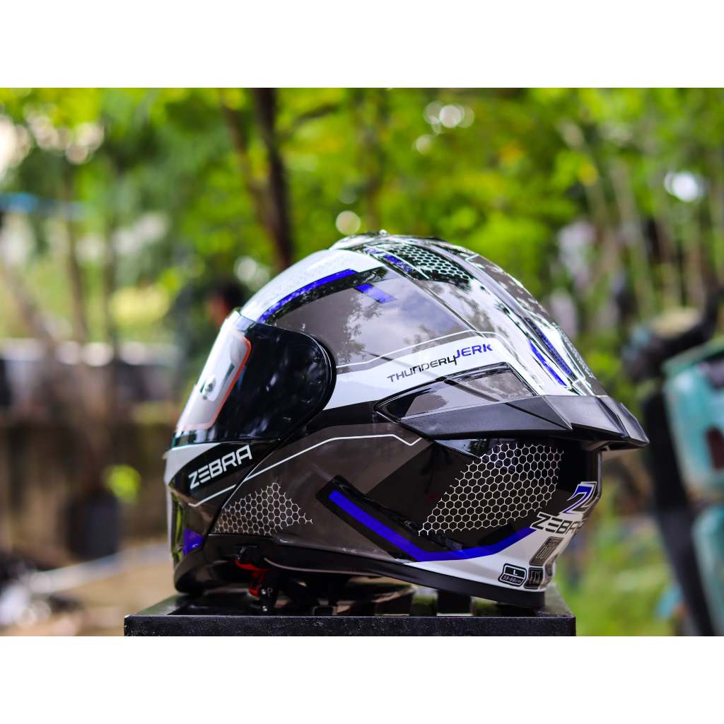 ZEBRA HELMET RITZY #3 HONEYCOMB BLACK WHITE BLUE MODULAR DUAL VISOR ...