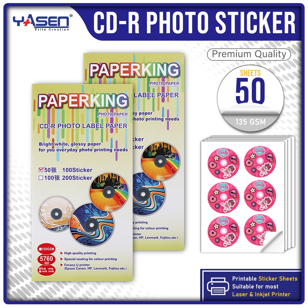 Yasen CD-R Glossy Photo Stickers 50 Sheets 100 Labels CD Printable ...