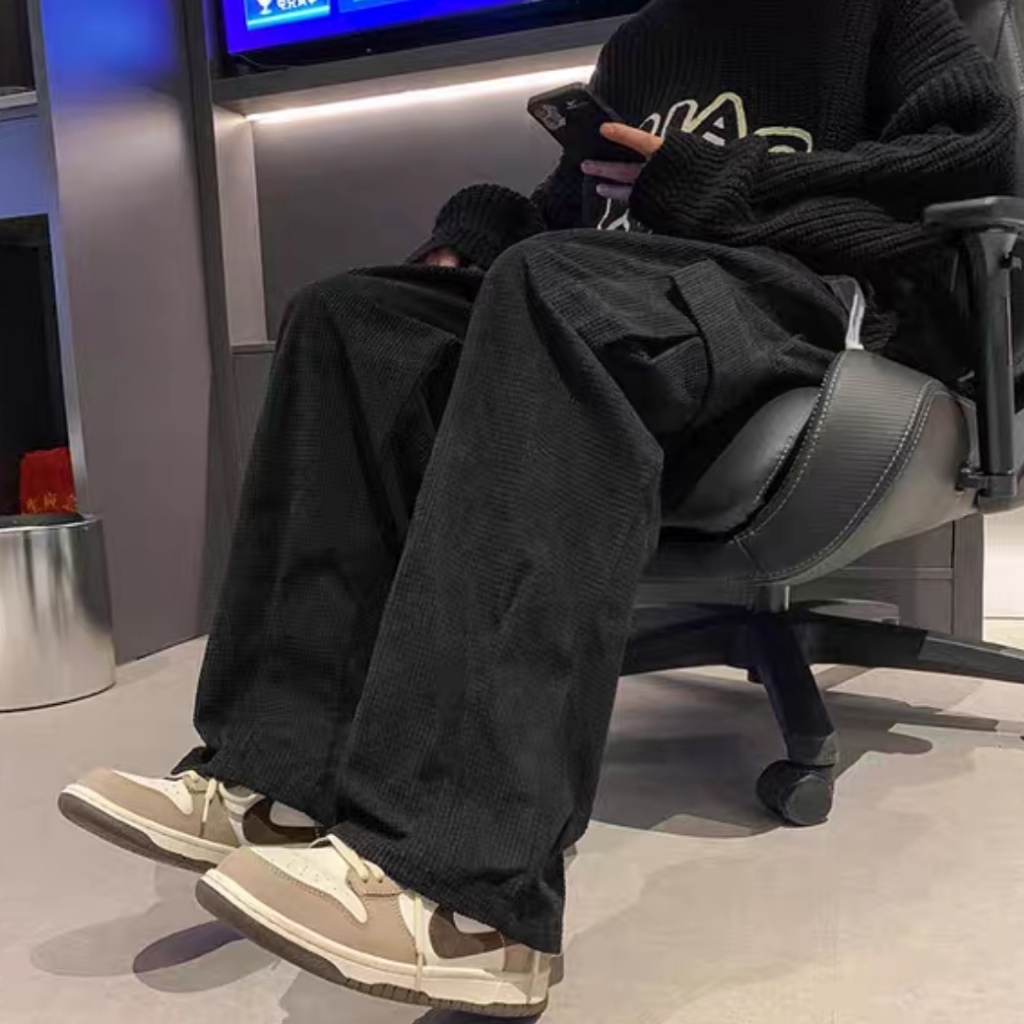 Waflle Cargo Pants For Men Korean Black Baggy Straight Cut Slacks ...