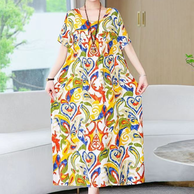 M-3XL Woman Oversize Casual Floral Dress Loose Retro Print Long Dress ...