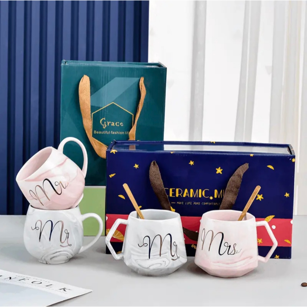 Ceramic Coffee Mug Set of 2 With Free Gift Box, Gray and Pink Marble ...