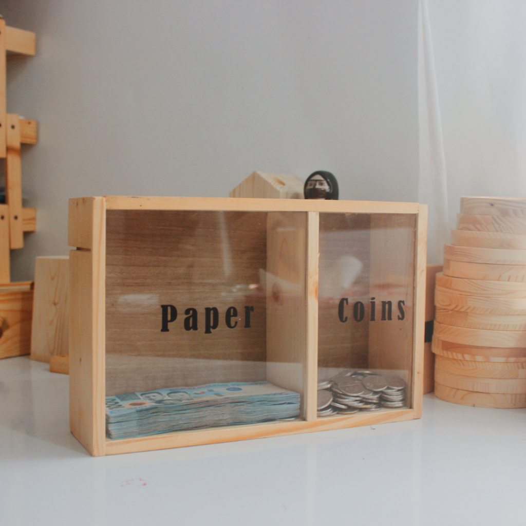 Alkansya / wood coin bank dual slots for Paper bills and coins ...