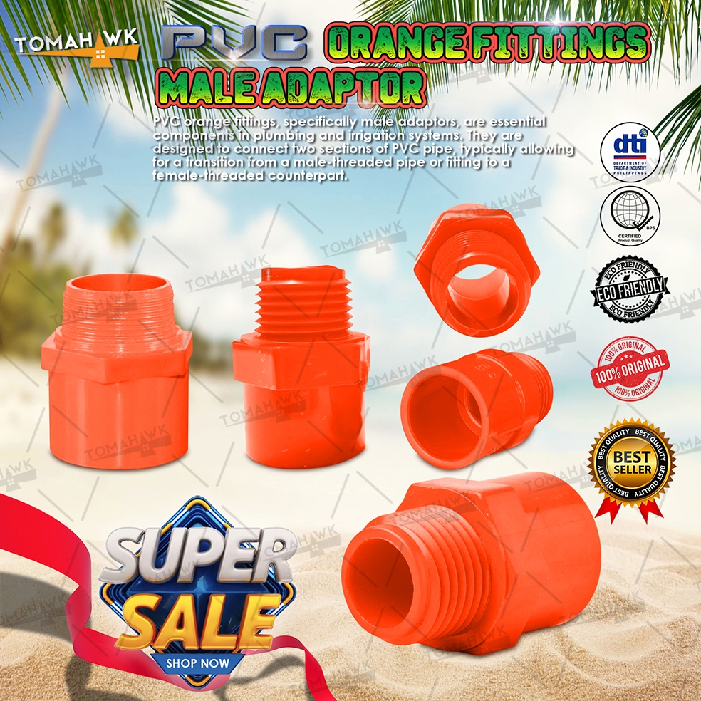 TOMAHAWK PVC ORANGE FITTINGS MALE ADAPTOR 1/2 / 3/4 / 1" SOLD PER PACK ...