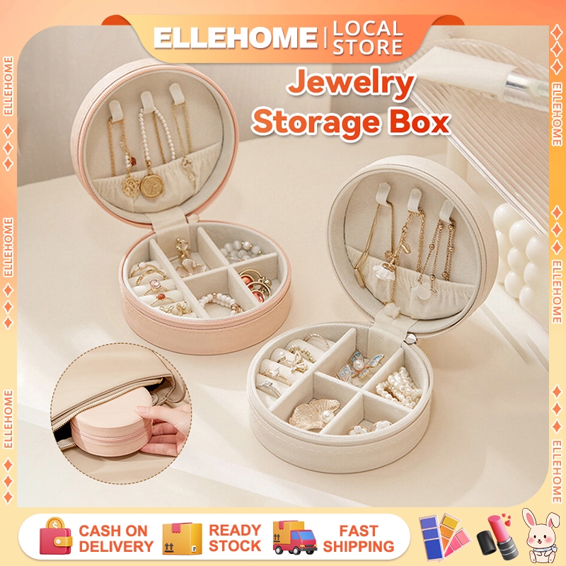 Jewelry Storage Box Portable Round Leather Zipper Earrings Necklaces ...