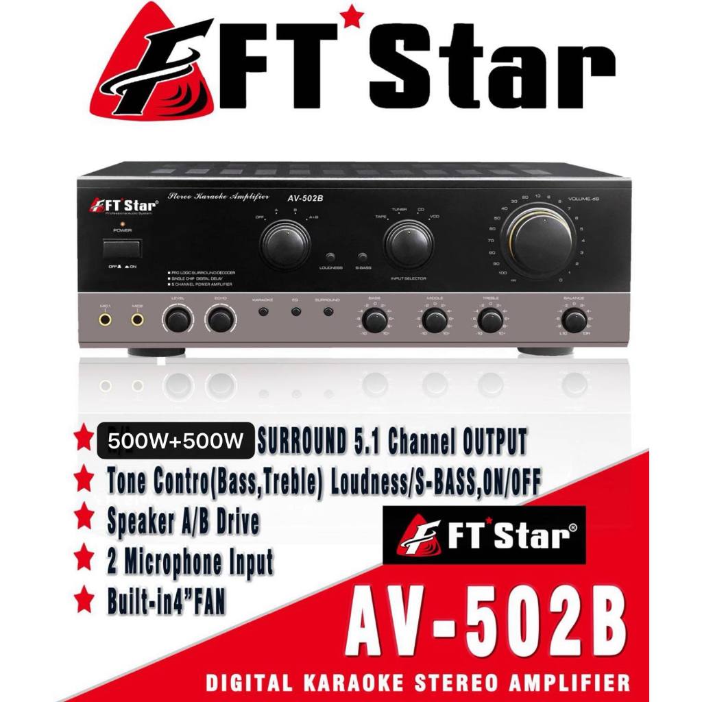 FT STAR AV-502B Professional Karaoke Stereo Mixing Amplifier 500WX2 ...