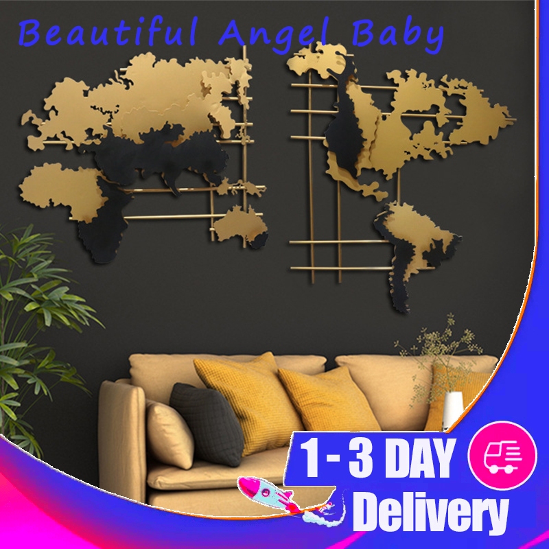 Metal Light Luxury Gold Black Iron Wulti-Layer Three-Dimensional World Map Sofa Background ...