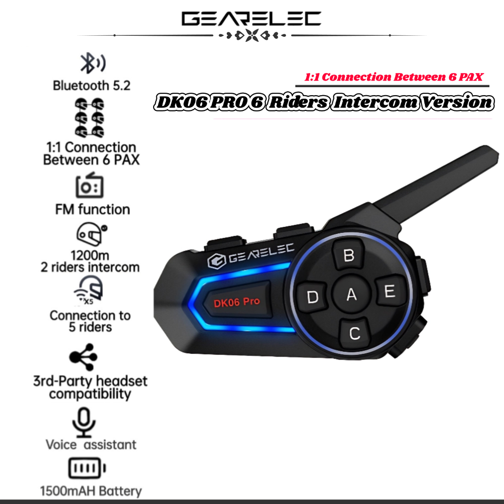 GEARELEC DK06 Pro Motorbike Helmet Intercom Headset 1200m Connection of ...