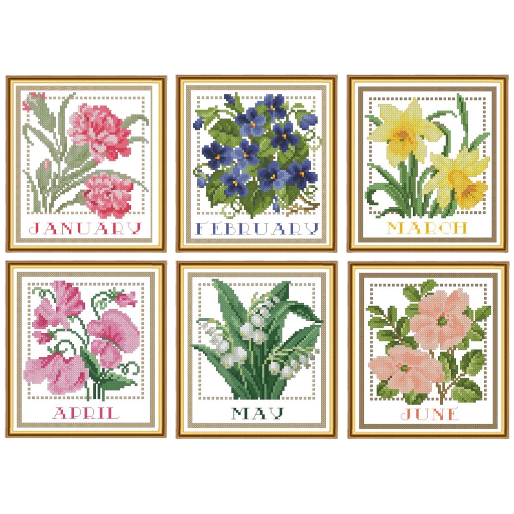 Flower Month Counted Cross Stitch COMPLETE SET 14/11 CT DIY Aida Cloth ...