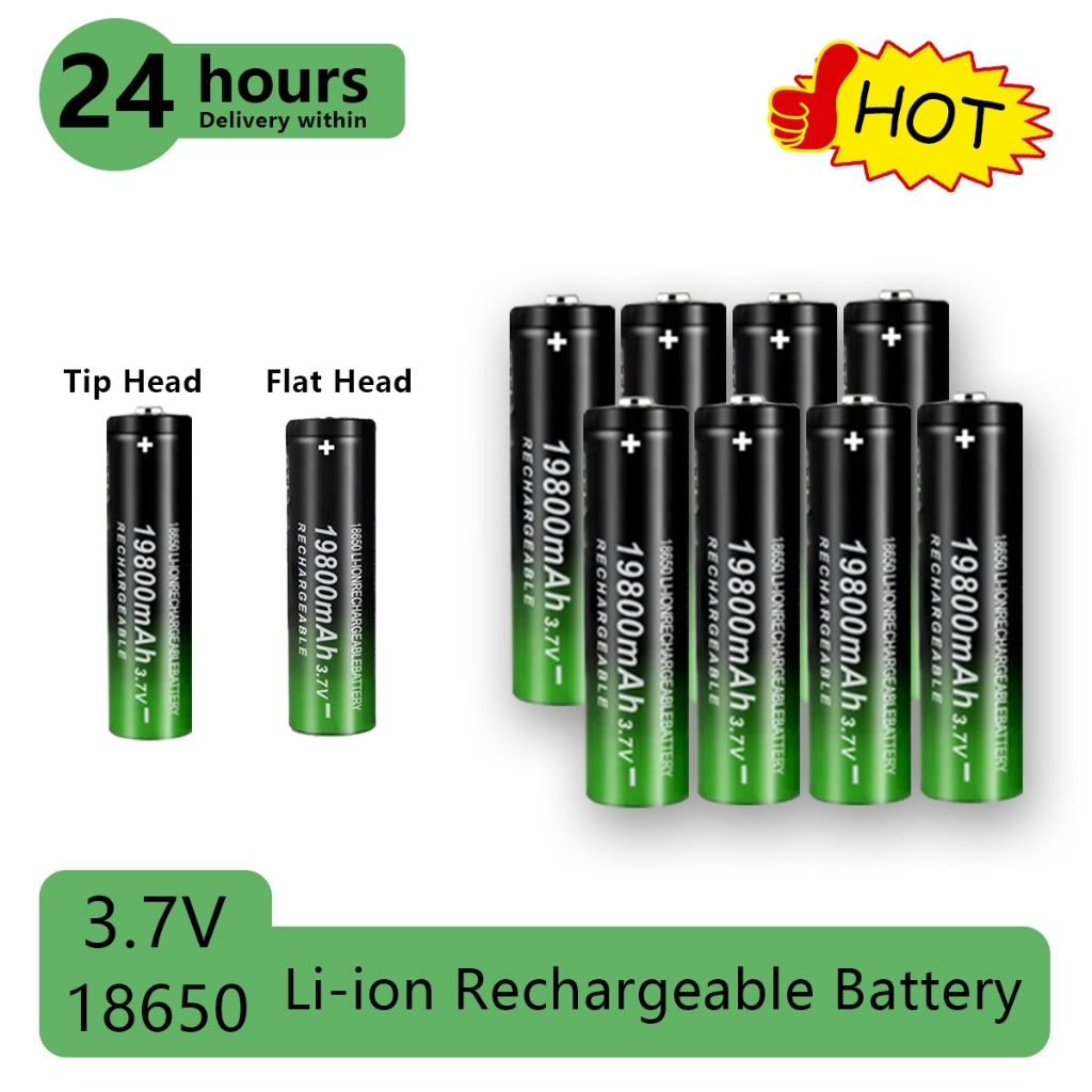 18650 19800mAh 3.7V Li-ion Rechargeable Flat/Tip head Battery for ...