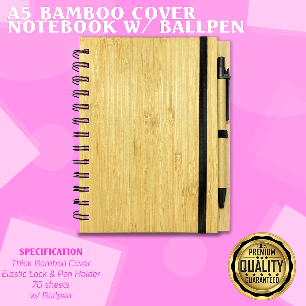 A5 Bamboo Cover Notebook with Ballpen Elastic Notebook Lock and Pen ...