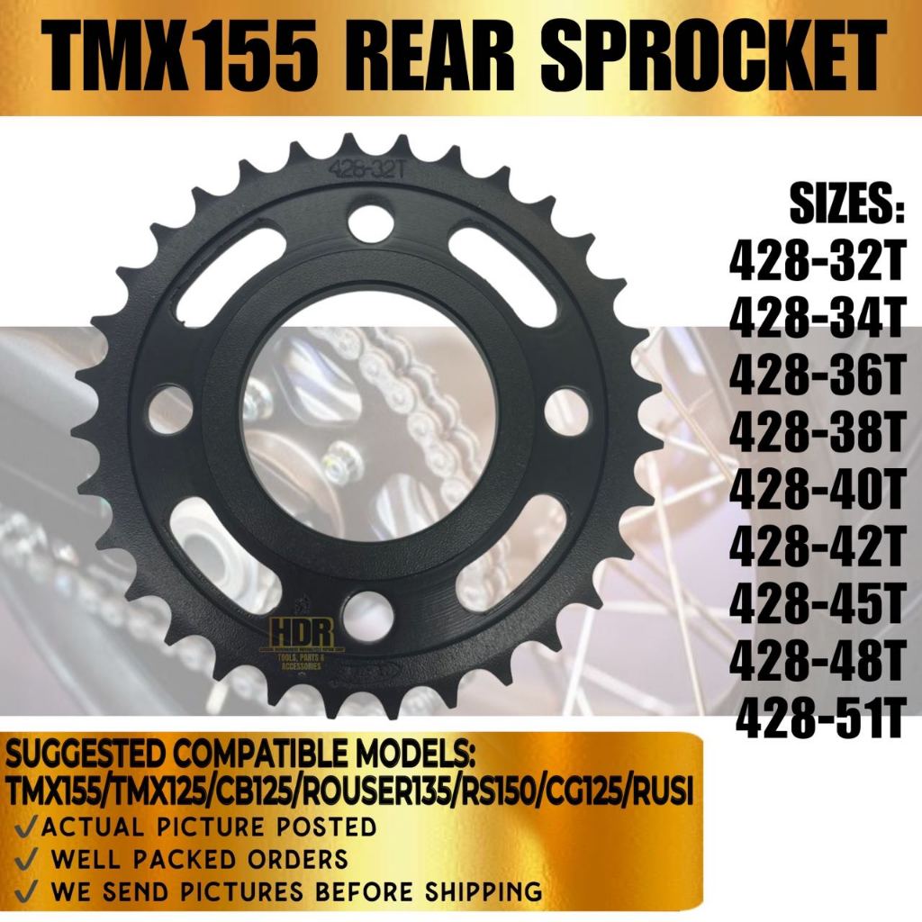 HDR║(428) REAR SPROCKET FOR TMX155 / TMX125 / CB125 / ROURSER135 / RS150 / CG125 / RUSI | Shopee ...