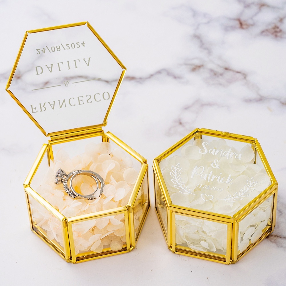 Gold Hexagon Transparent Glass Ring Box Wedding Ring Box Geometric ...