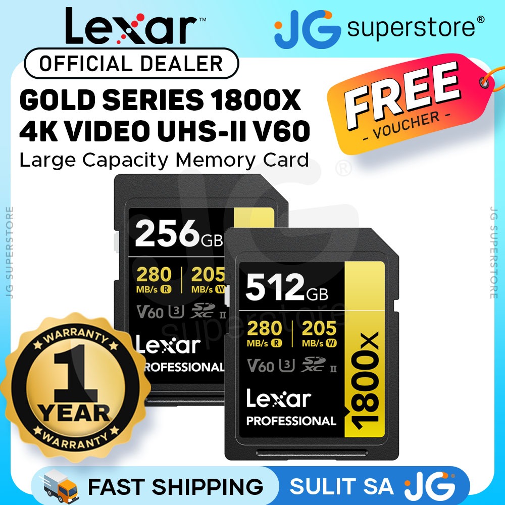 Lexar Professional 512GB 256GB 1800x Gold SDXC UHS-II V60 U3 Class 10 ...