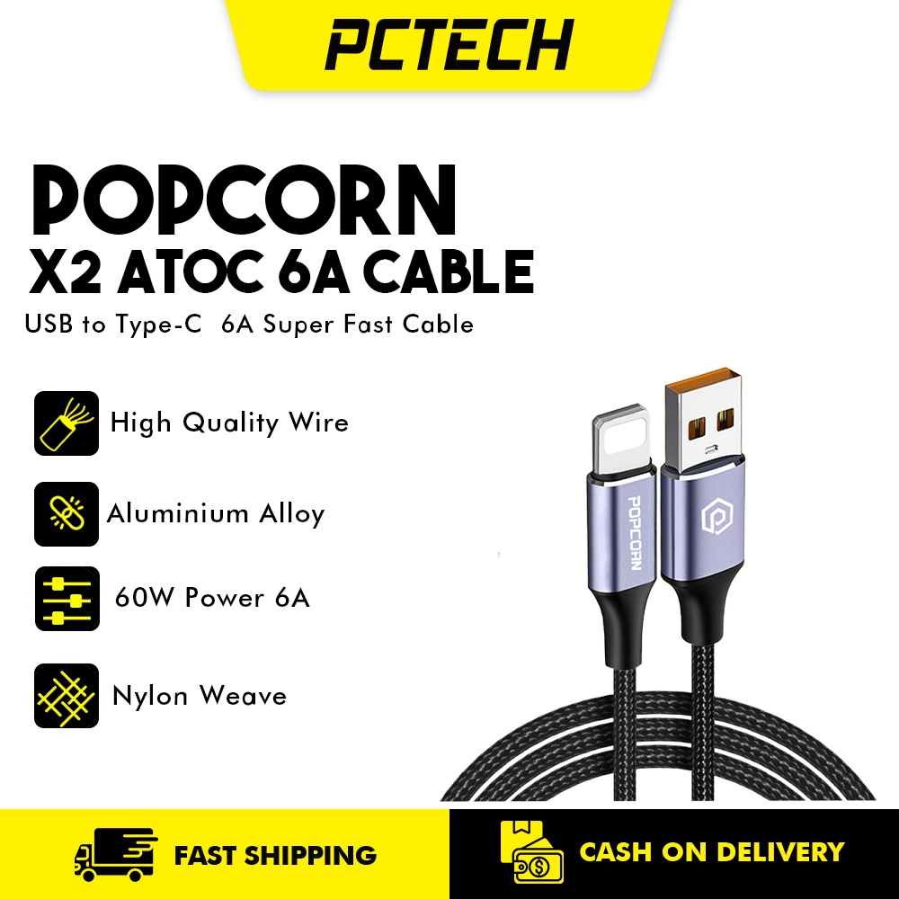 Popcorn X2 ATOC USB to Type C Cable 6A Super Fast Charging Mobile Phone ...