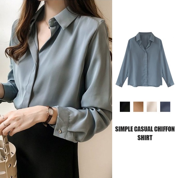 Women's Temperament Pure Color Shirt Female Long Sleeve Blouse Simple ...