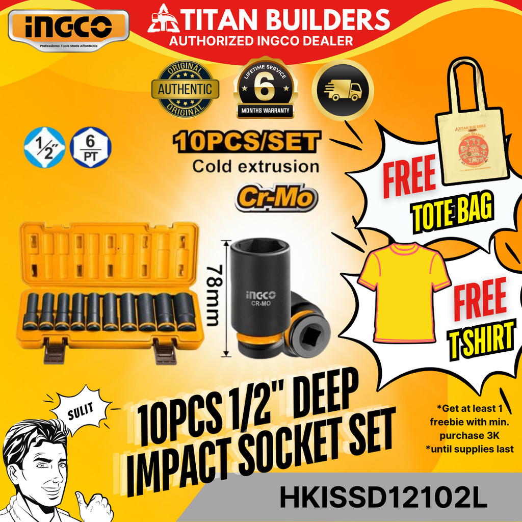 Ingco by Titan 10pcs 1/2" Deep Impact Socket Set Sizes 10 24mm CrMo ...
