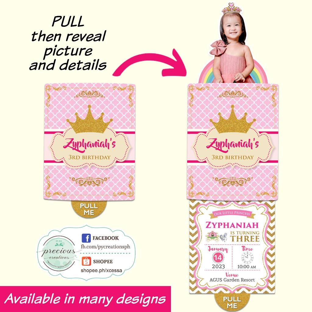 10-50pcs Royal Princess themed Pull Me Invitation + FREEBIES | Shopee ...