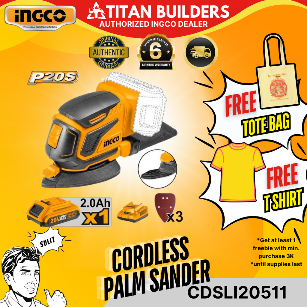 Ingco by Titan Cordless Palm Sander 20V 13000rpm 3pcs Sand Paper 2.0Ah ...