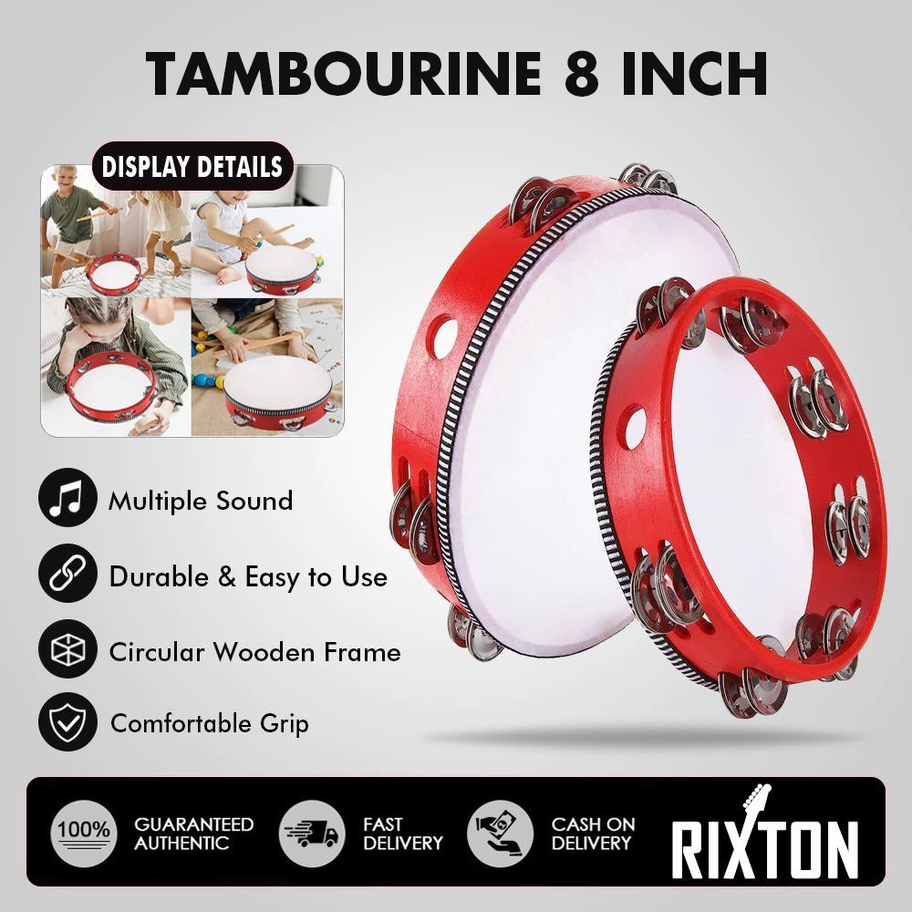 8 Inch Tambourines for Adults Wooden Hand Drum with Metal Jingles Bells ...