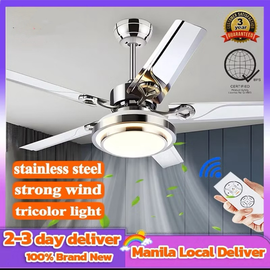 Stainless Steel Ceiling Fan With Light Big Size Nordic Industrial Led ...