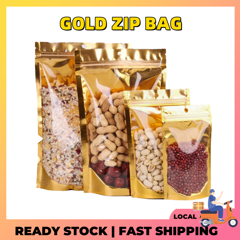 100PCS Half Gold Aluminum Half Clear Stand Up Pouch Zipper Self-Standing Pouch Plastic Packaging ...