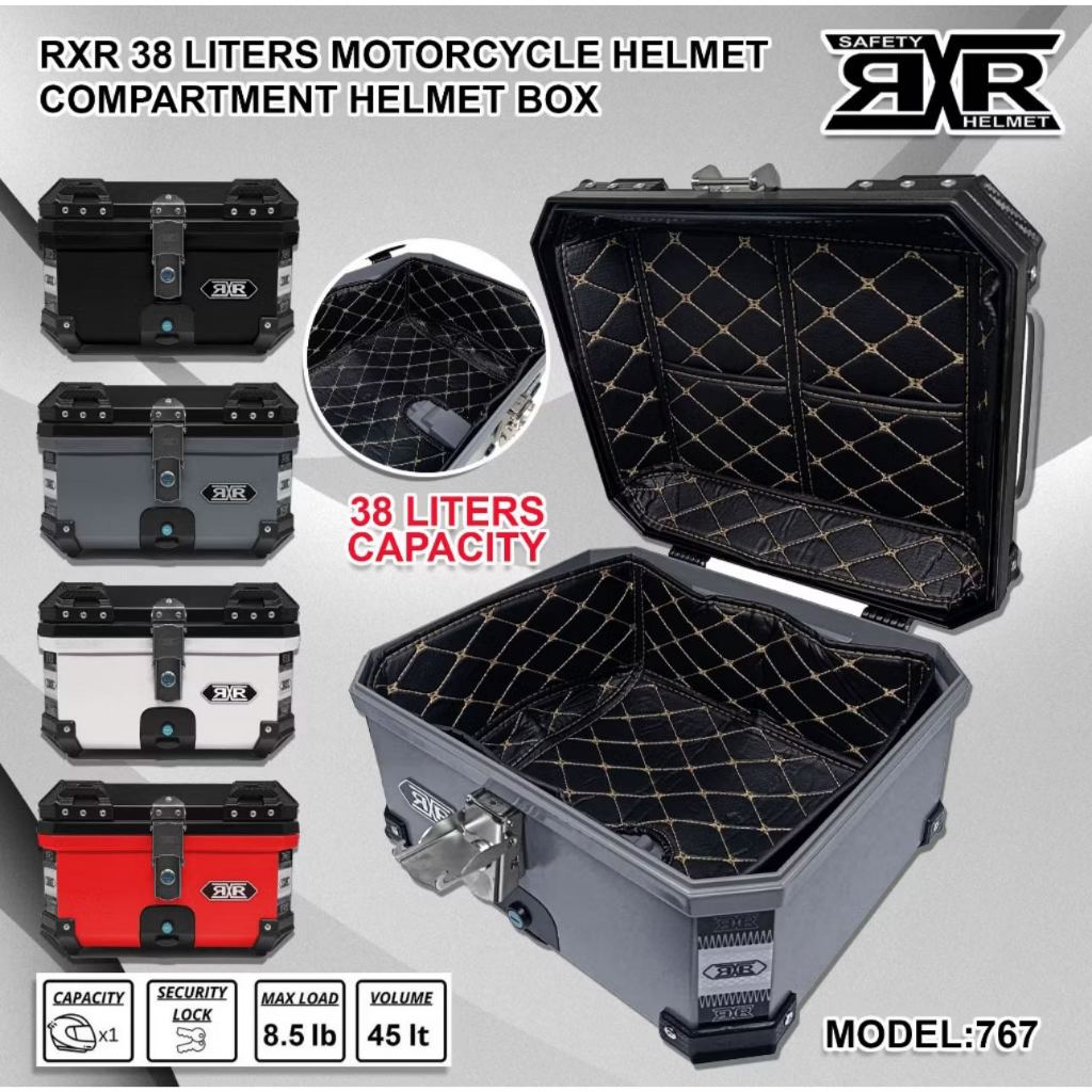 RXR 38L Liters HARD PLASTIK TOP BOX Motorcycle Compartment Box Helmet ...