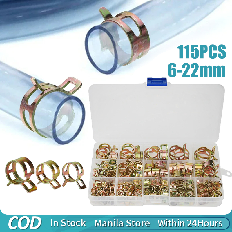 115pcs Spring Hose Clamps 6-22mm 15 sizes for Water Pipes, Cuel Lines ...