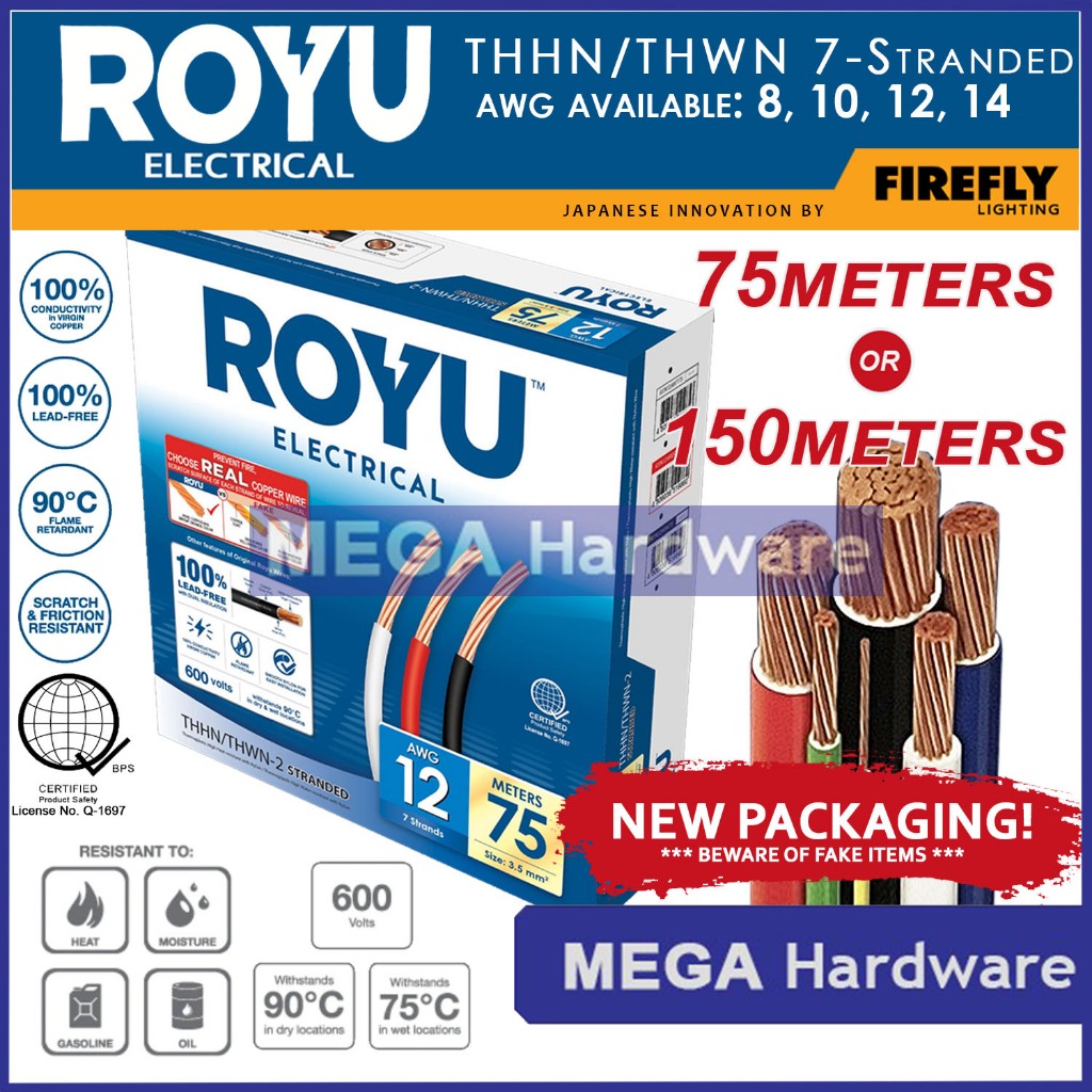 ROYU THHN / THWN 7 Stranded wire (#8, #10, #12, #14) 75m 150m (100m for #8) | Shopee Philippines