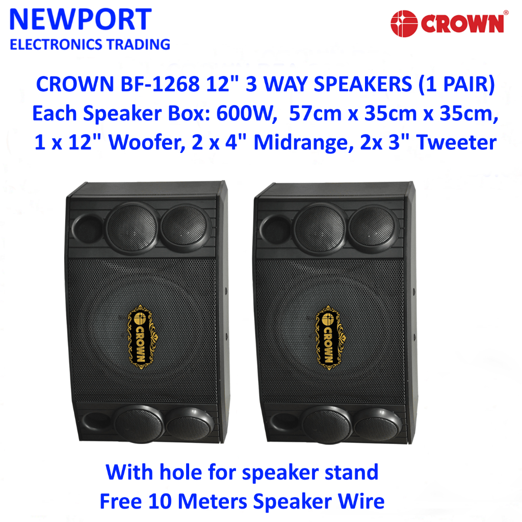 Crown BF-1268 12" 3 Way 700W Karaoke Speaker System (1 pair) + 10M ...