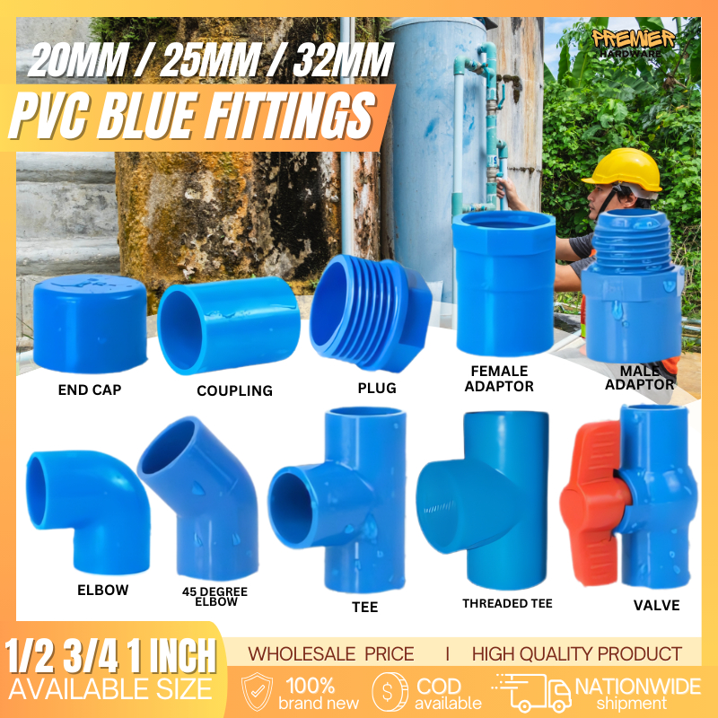 PVC Coupling Tee Elbow Adaptor Valve Blue Fittings 1/2 to 1Inch (20mm ...