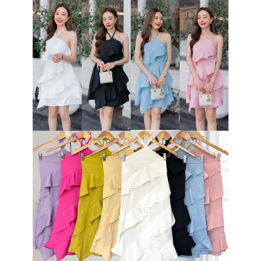 Authentic Bangkok Halter Diagonal Layered Ruffle Flowy Dress #33 Dee ...