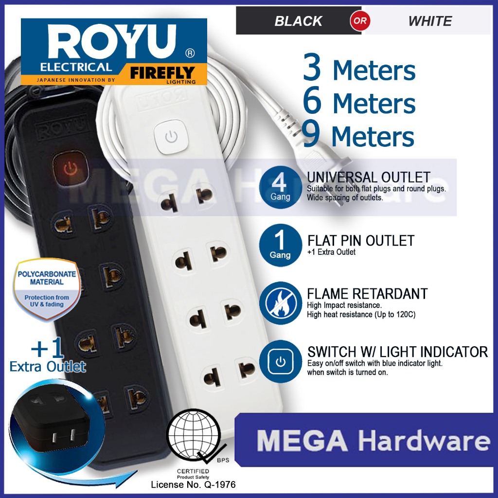 ROYU Extension Cord MAIN SWITCH PUSH BUTTON 4 gang 3m 6m 9m | Shopee ...