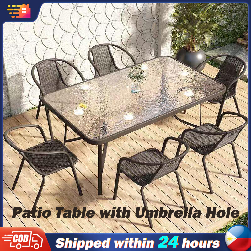 Patio Table with Umbrella Hole Commercial All-Weather Table with Heat ...